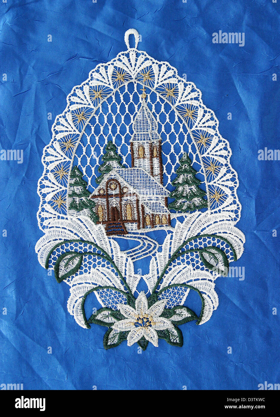 An embroidered window picture 'Snowed Church' made of Plauen lace ...