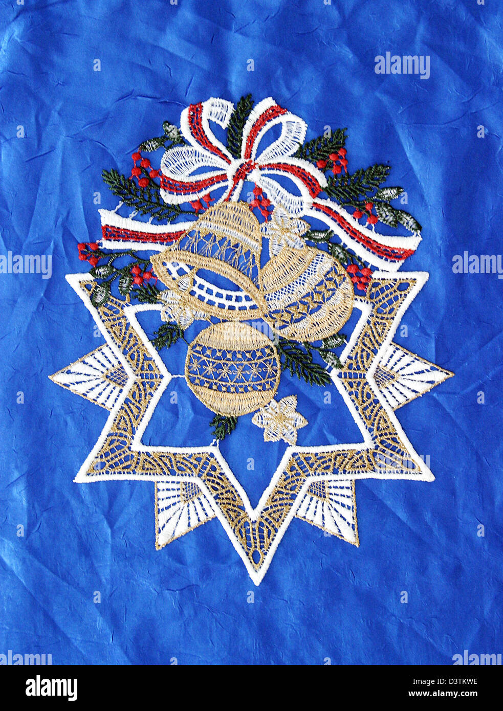 An embroidered window picture 'Balls, Bell and Star' made of Plauen ...