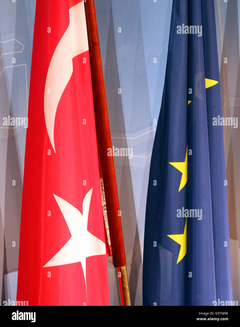 The Turkish national flag photographed next to the European Union flag ...