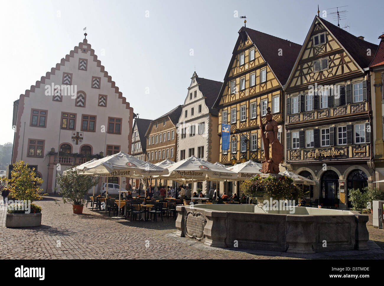 The picture shows the market square with the town hall (L) and half ...