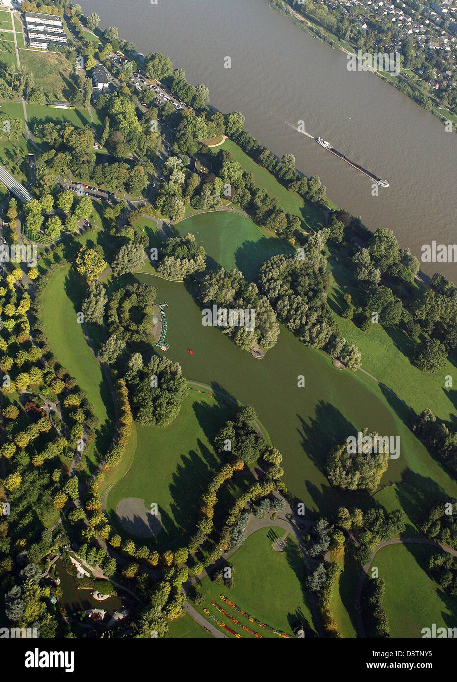 The aerial view shows the landscape park Rhine mead in Bonn, Germany ...