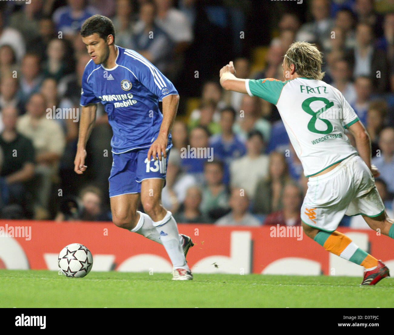 Bremen's Clemens Fritz (R) and Chelsea's Michael Ballack (L) shown in ...