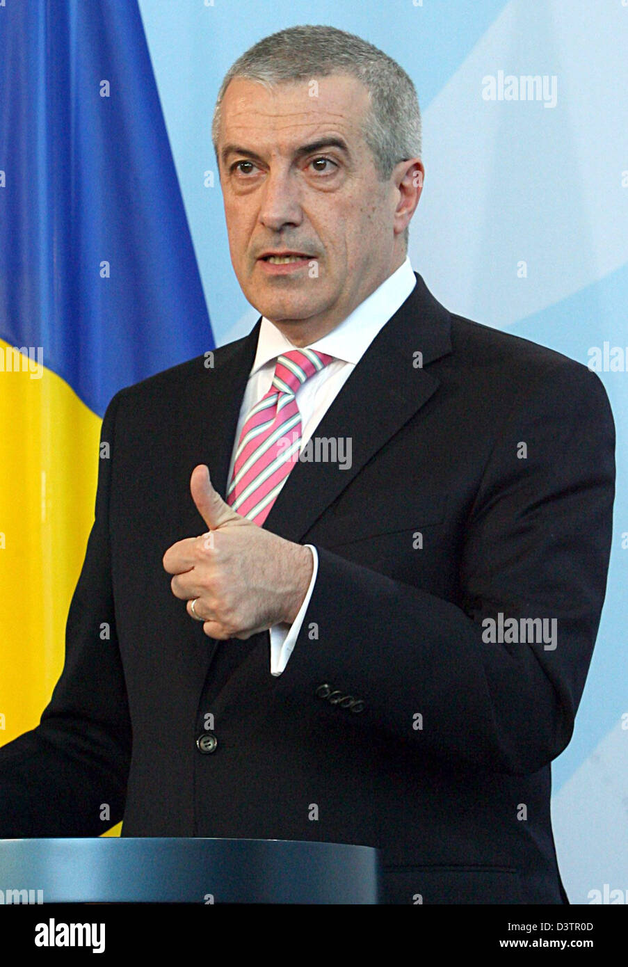 Romanian Prime Minister Calin Popescu Tariceanu thumbs up while giving ...