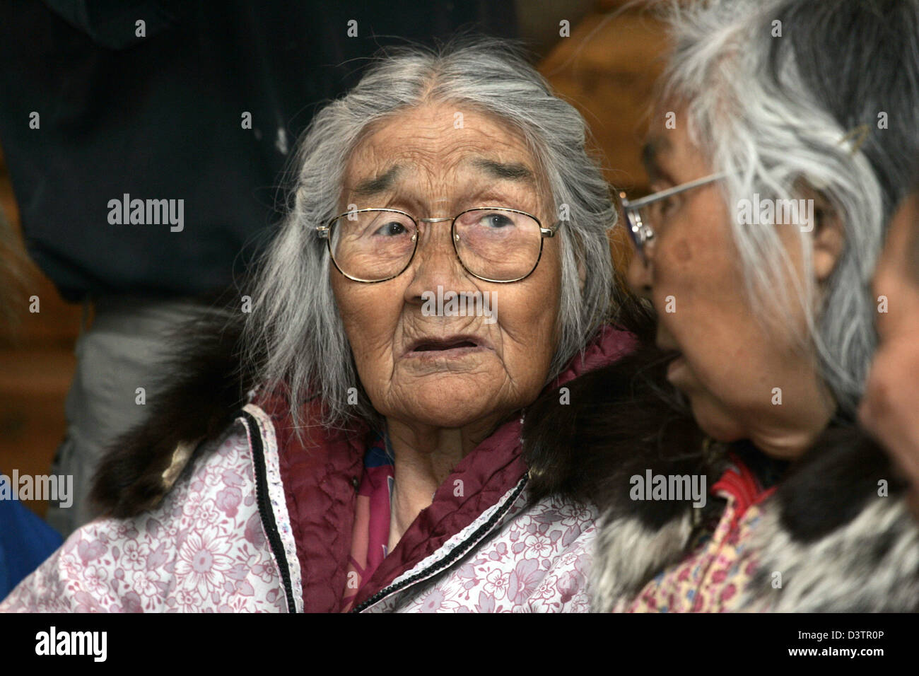 Two old Inuit women chat in Holman, Canada, Saturday, 26 August 2006 ...