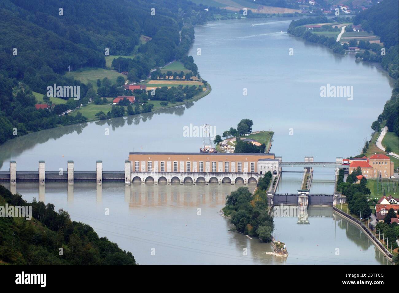 The picture shows the hydroelectric power plant in the Danube river ...