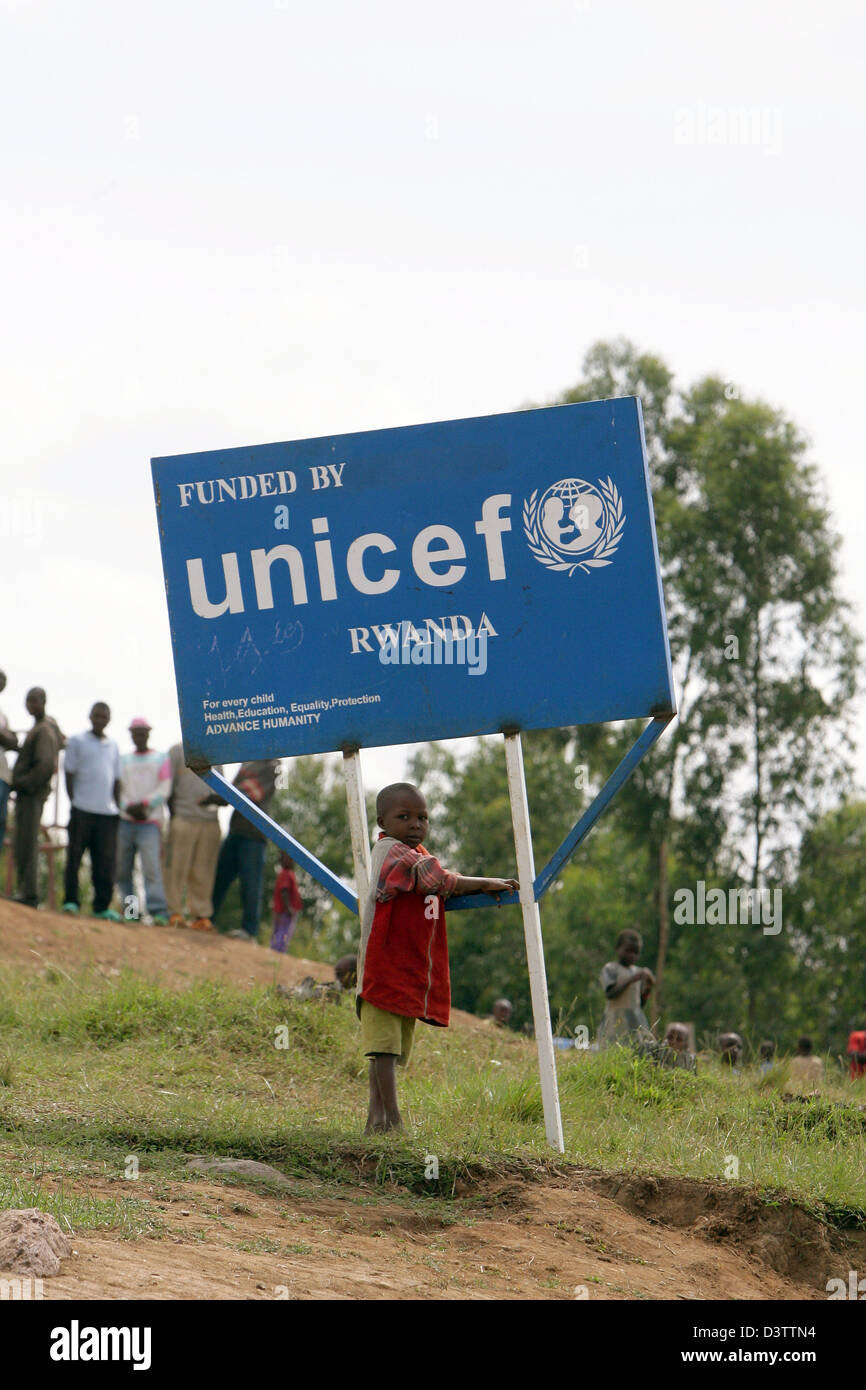 A Rwandan boy pictured next to shield of UNICEF near Gisenyi, Rwanda ...