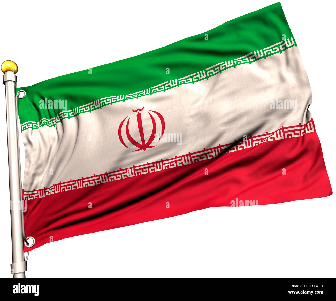 Iran flag on a flag pole. Clipping path included. Silk texture visible ...