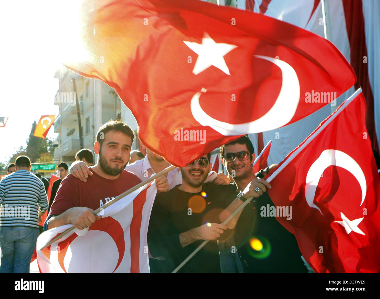 Young Turks celebrate the Turkish-Cypriot national holiday with flags ...
