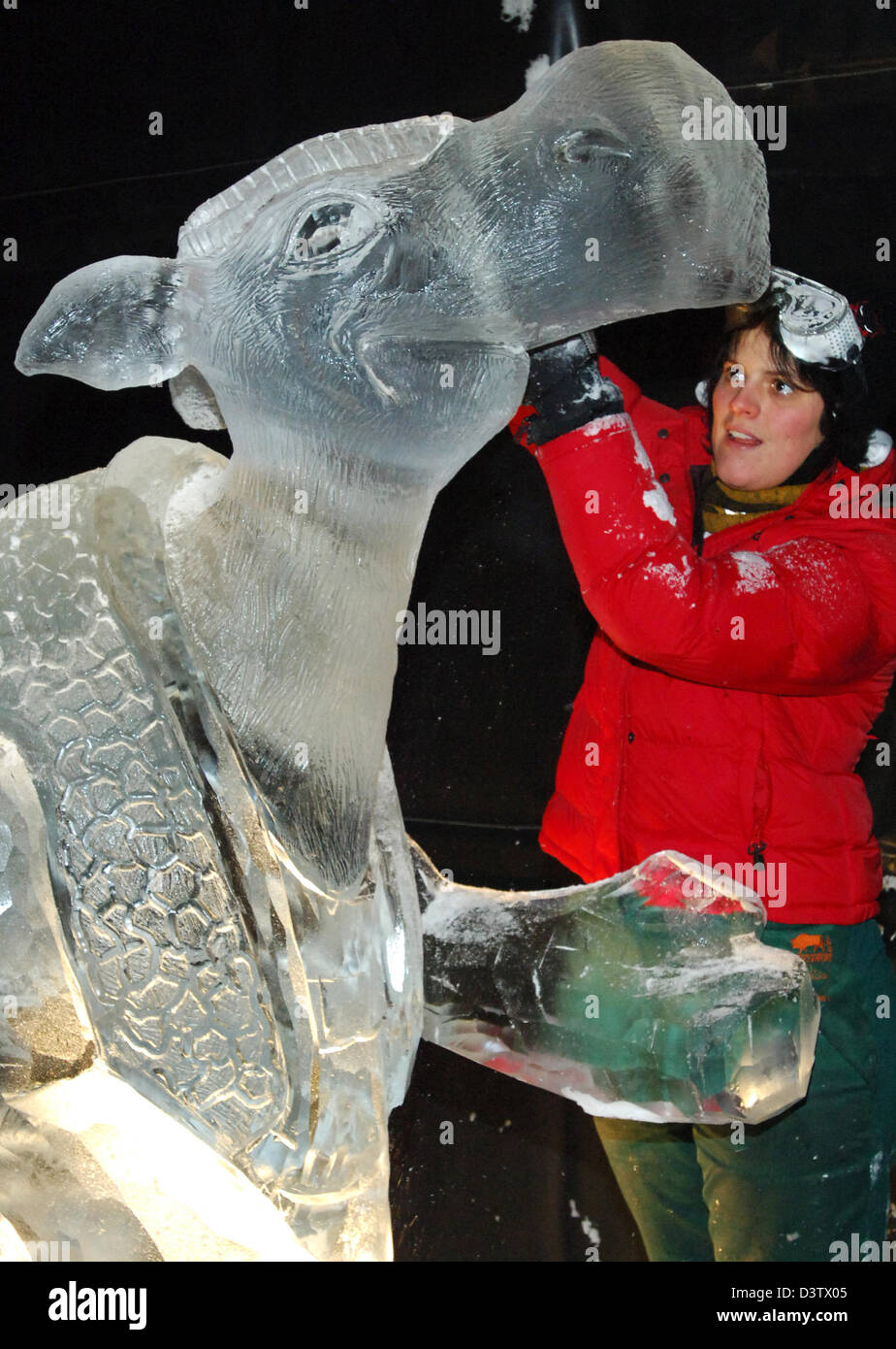 Ice artist Hanneke Supply forms a sculpture of 'Fast Tony' during the ...