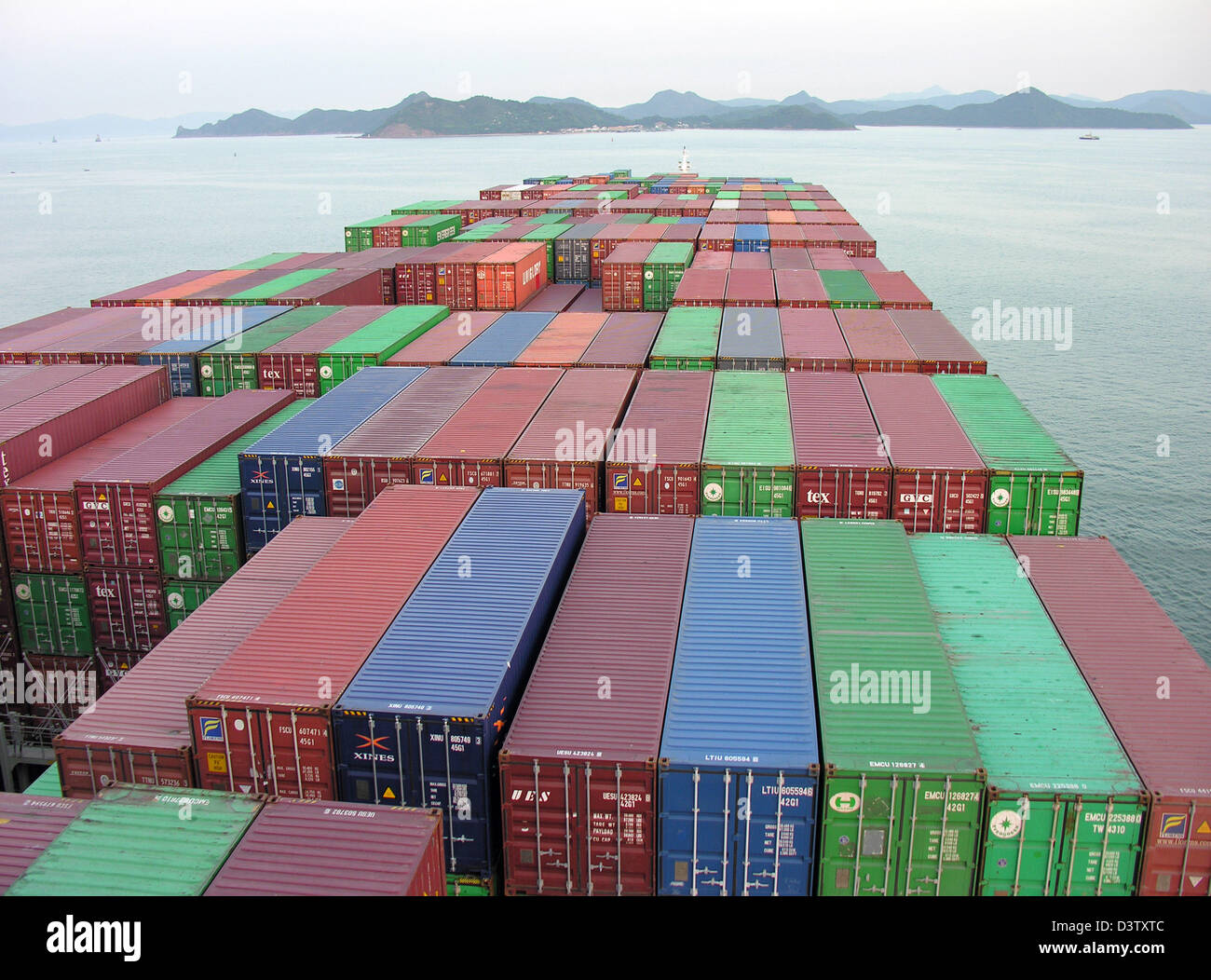 The photo shows containers piled onboard the German conatiner ship LT ...