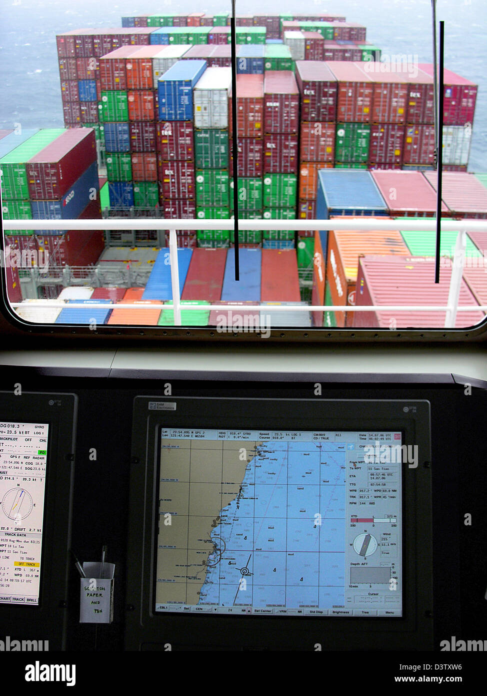The photo shows the view from the bridge of the container ship LT ...