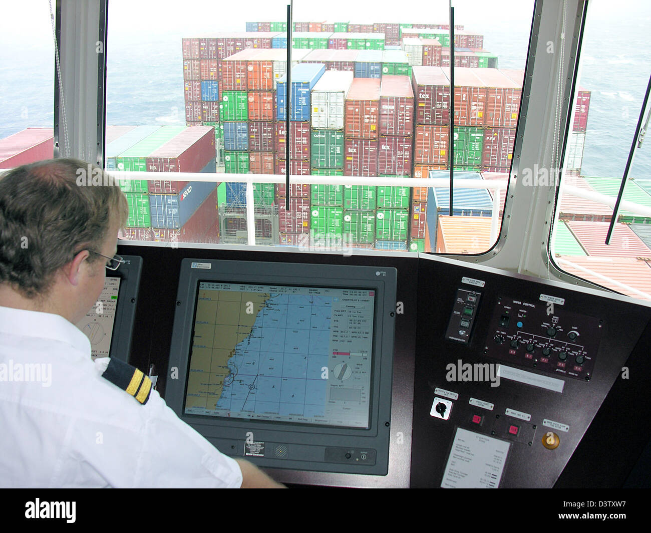 The photo shows the view from the bridge of the container ship LT ...
