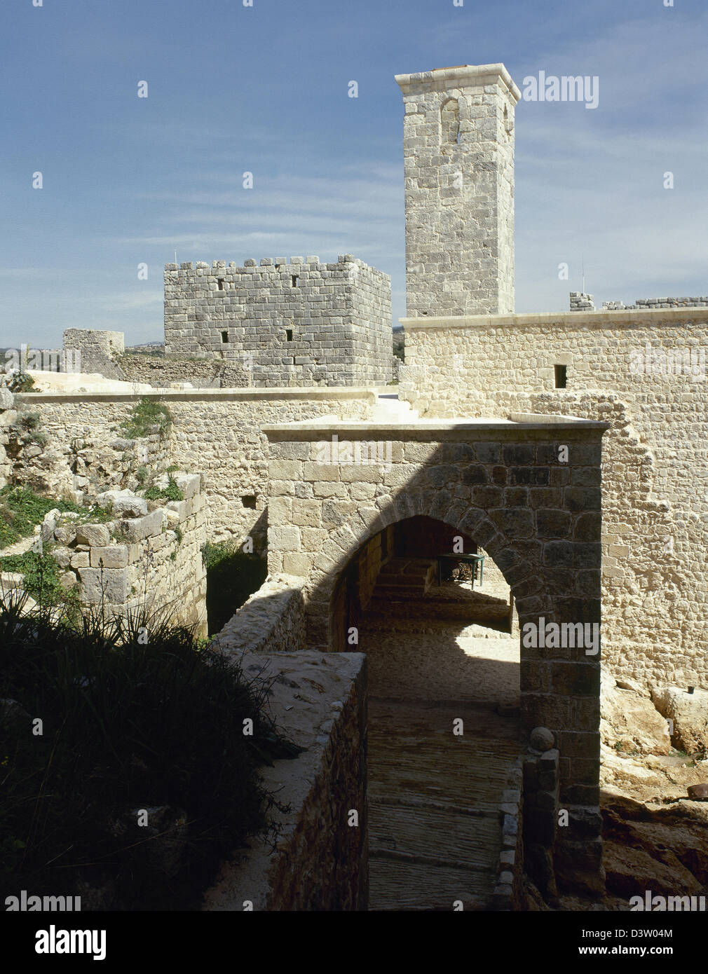 Syria. Saladin Castle. In the background, the minaret of the mosque ...