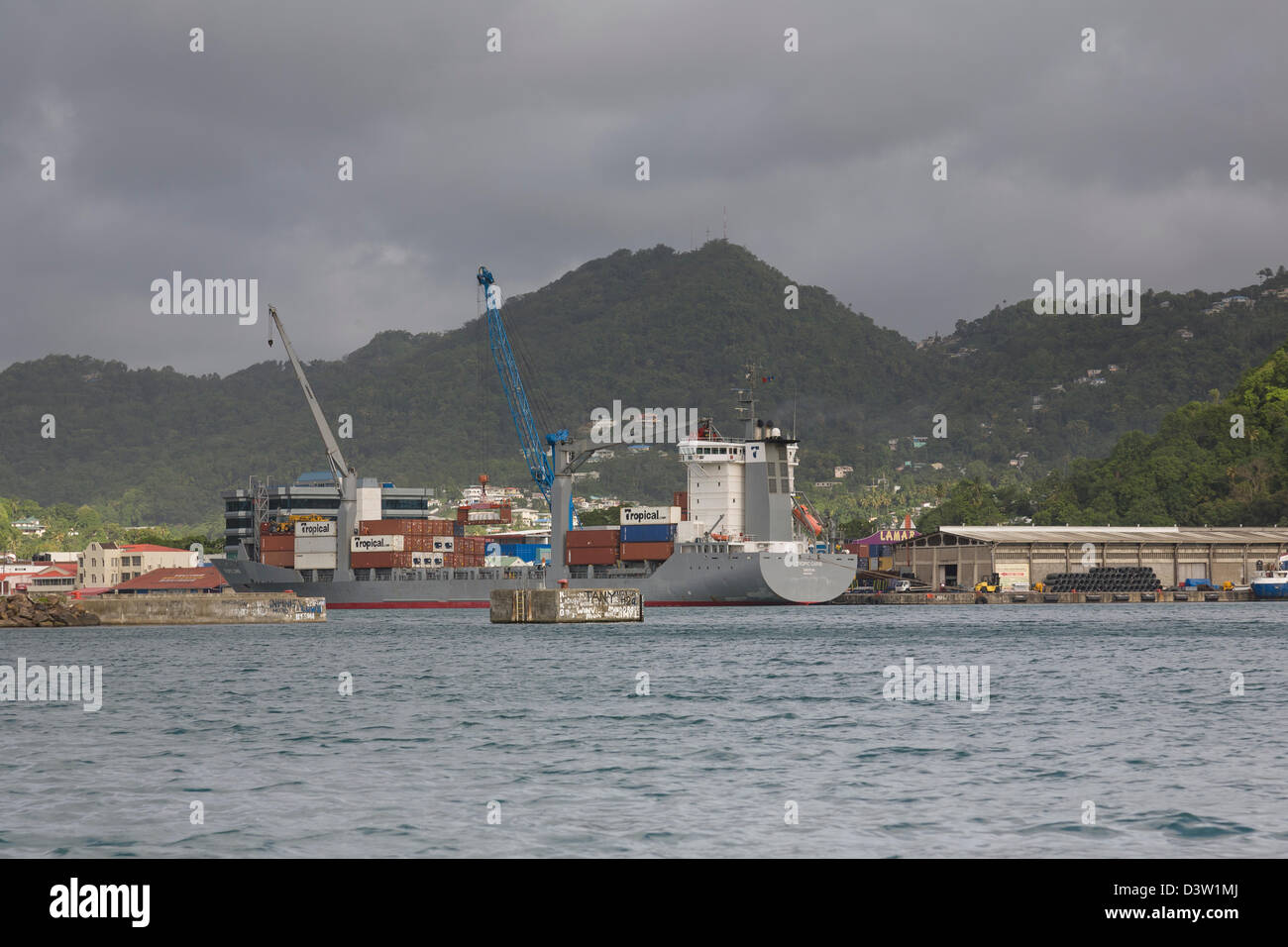 Container ship in the dock at Port Castries, St Lucia Stock Photo - Alamy