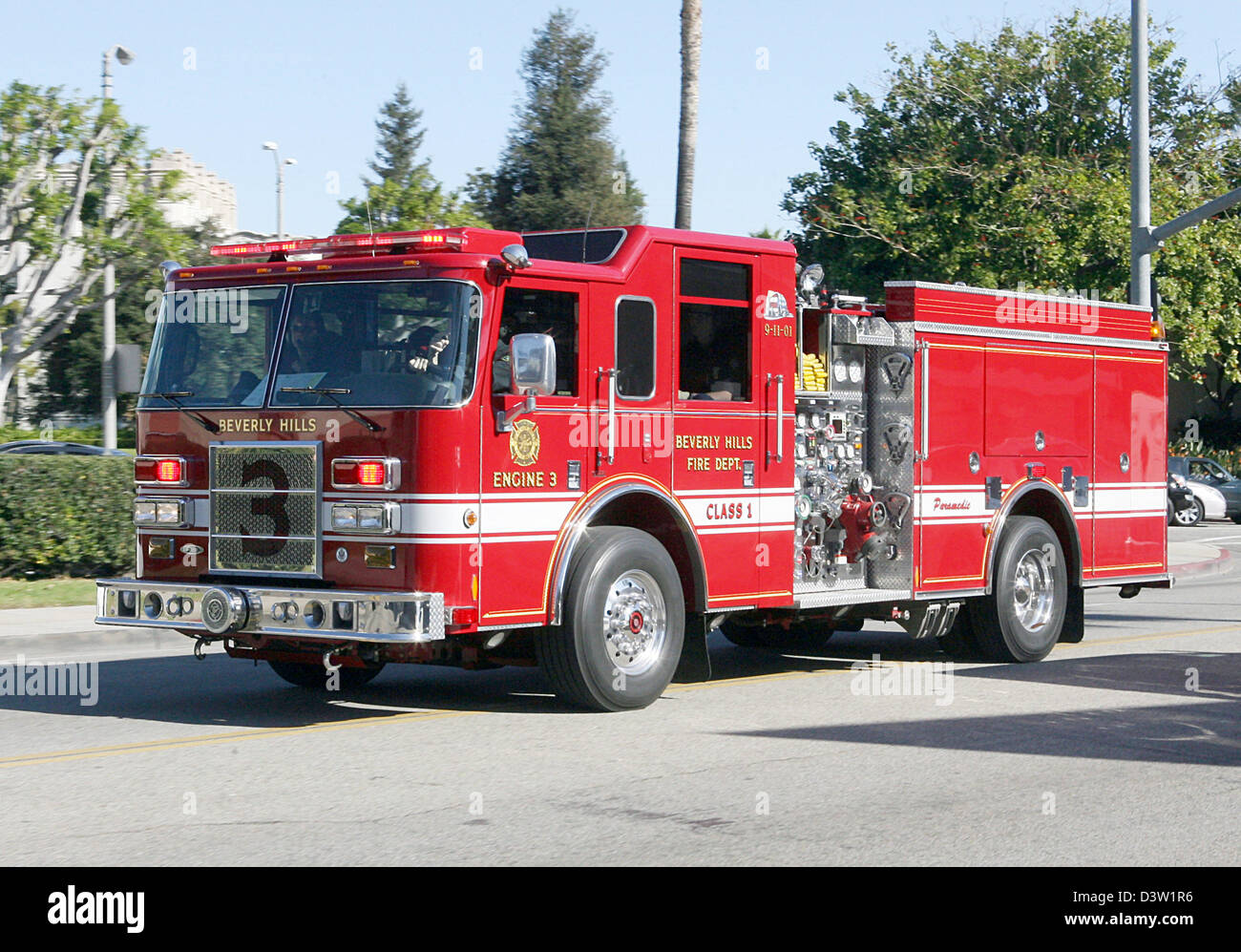 The picture show a fire engine in action in Beverly Hills, the luxury ...