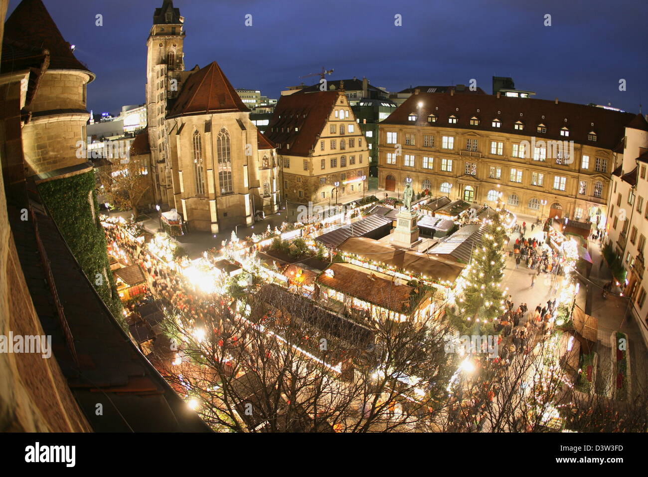 View over the illuminated Christmas market of Stuttgart, Germany ...