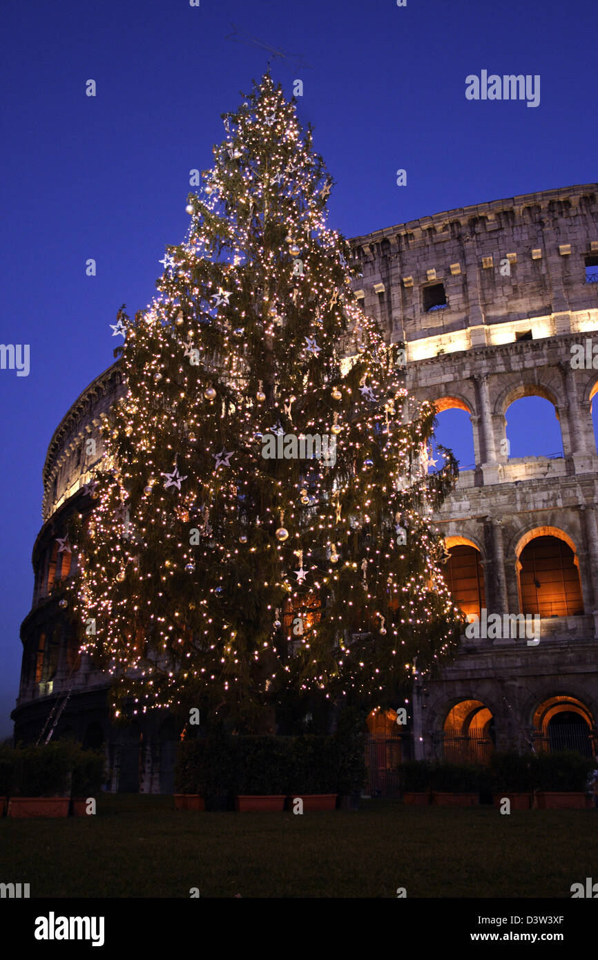 The photo shows a christmas tree decorated with lights in front of the ...
