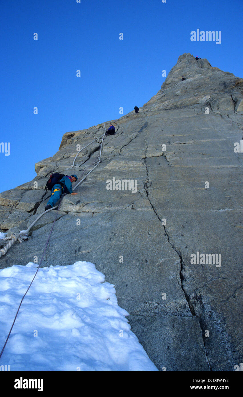 Mountaineers climbing on Dent du Geant, Mont Blanc mountain massif ...