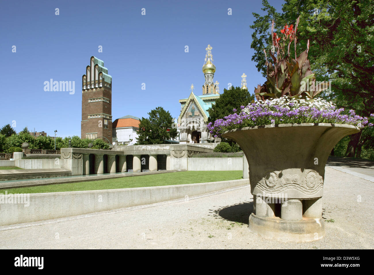 The photo shows the 'Mathildenhoehe' with the so called Wedding Tower ...