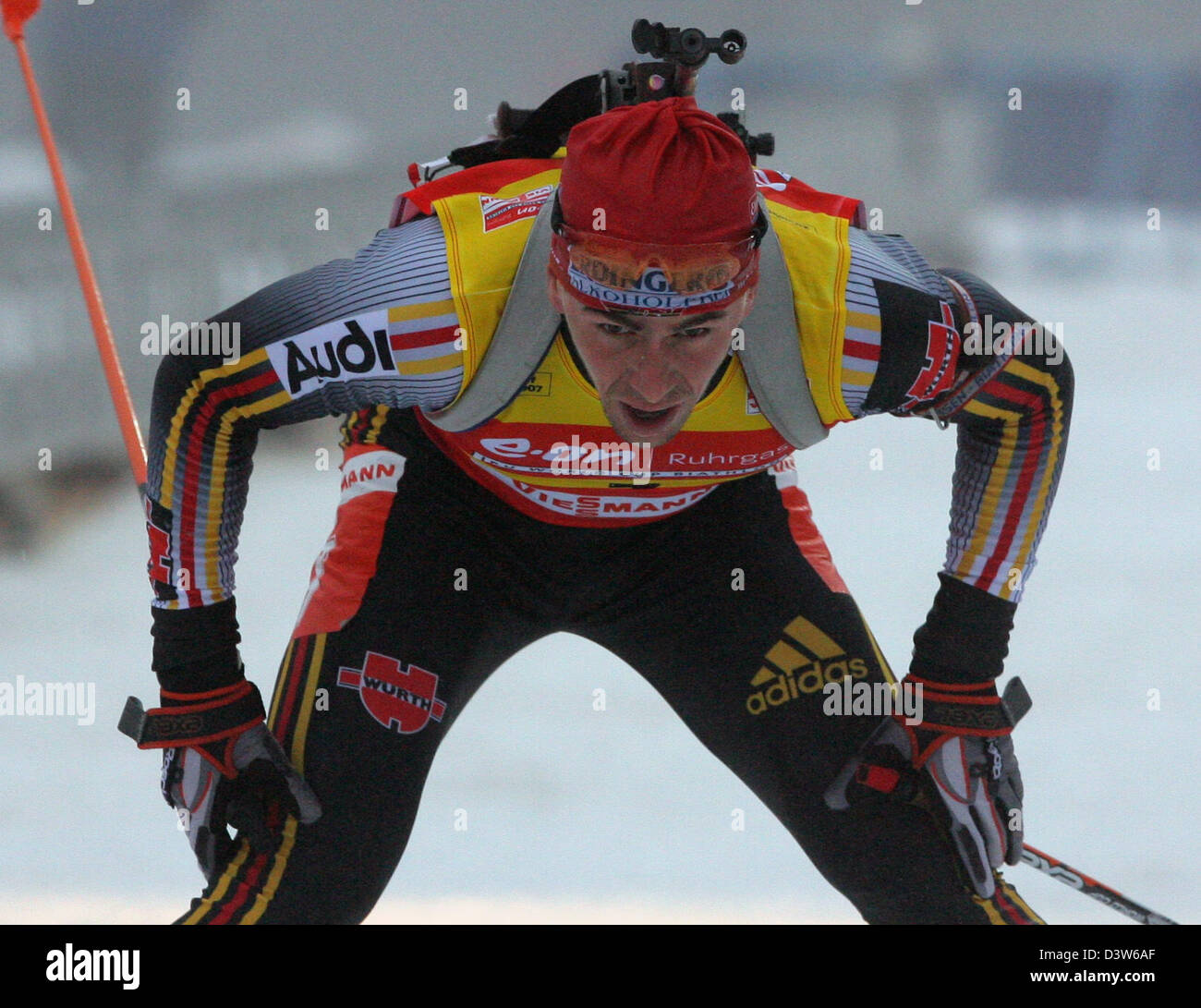 German biathlete Michael Greis arrives after the 10km sprint at the ...