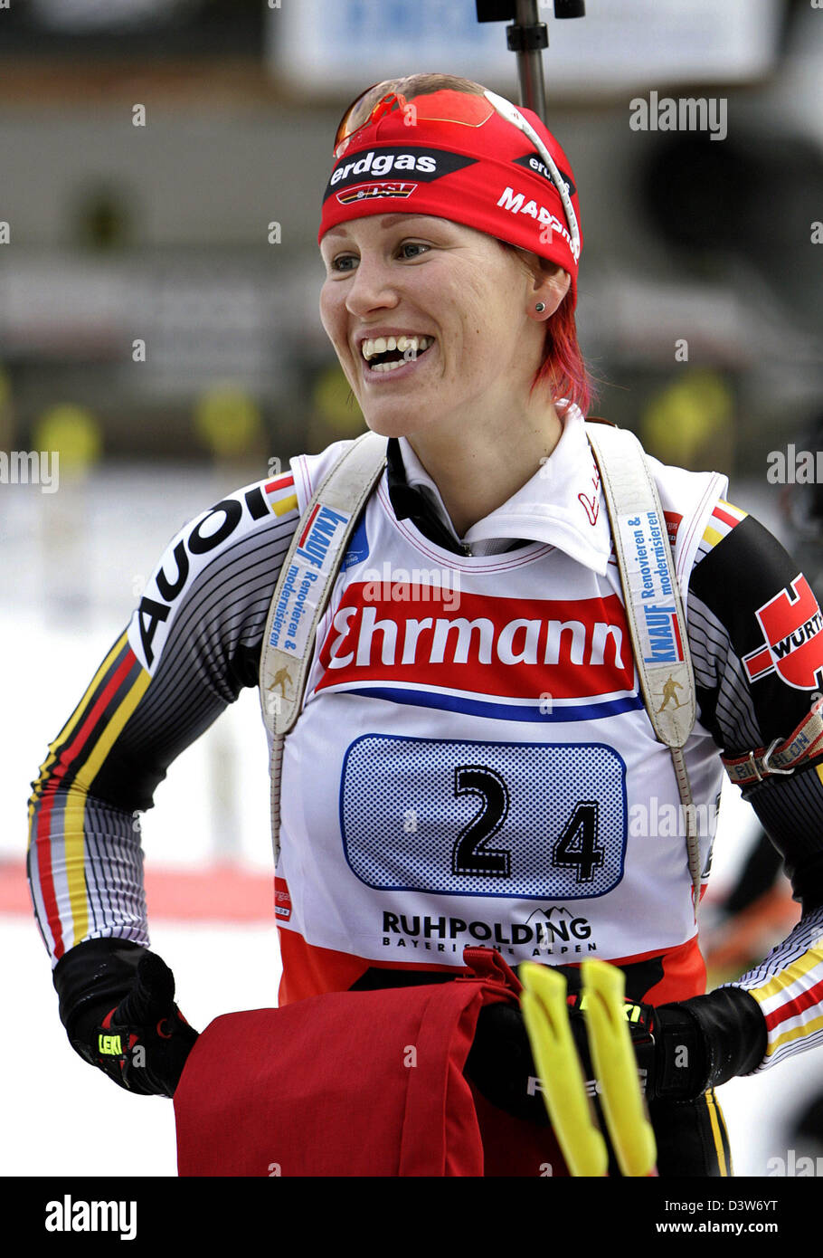 German Kati Wilhelm smiles prior to the Biathlon World Cup women's 6k ...
