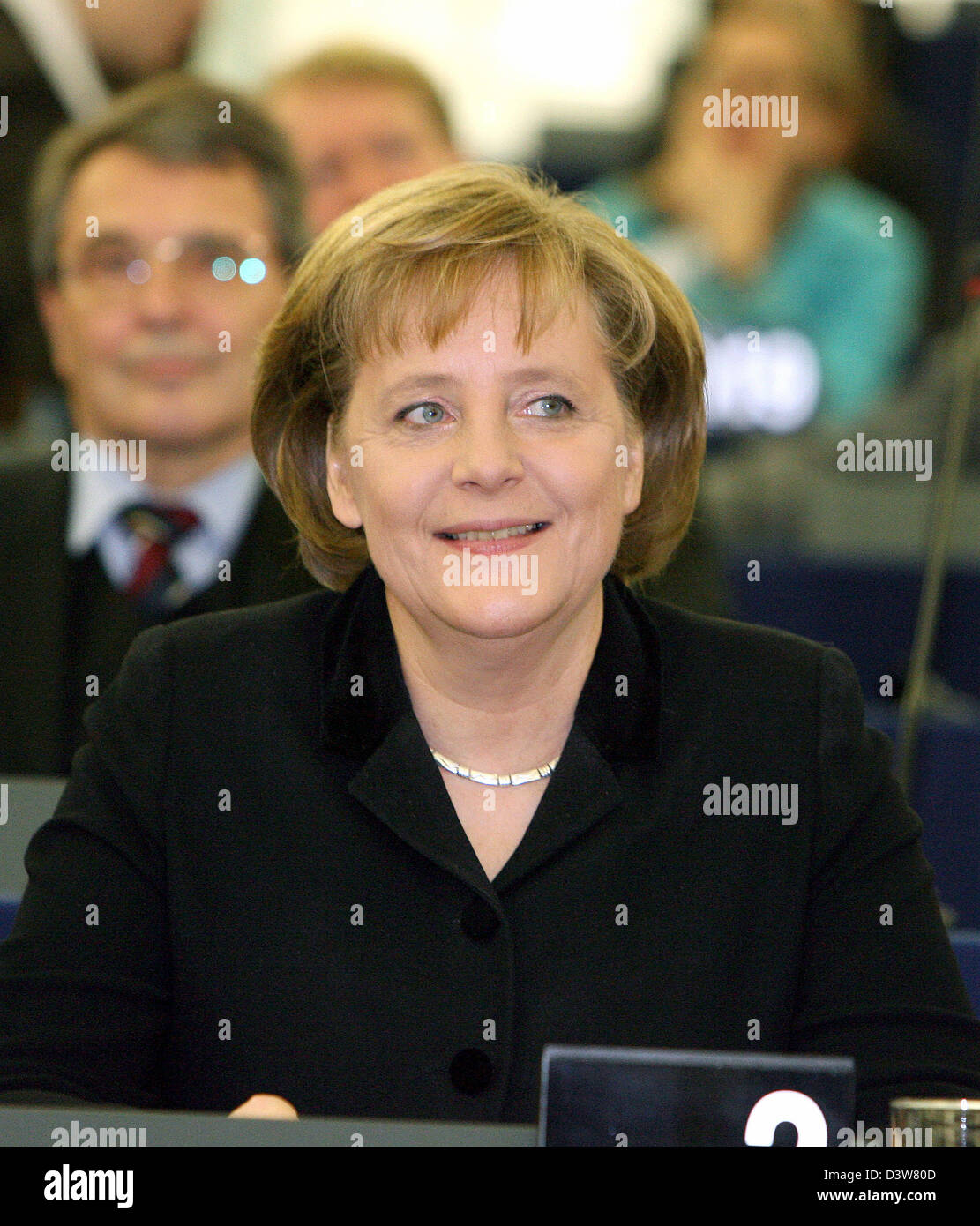 German Chancellor Angela Merkel shown smiling prior to her speech at ...