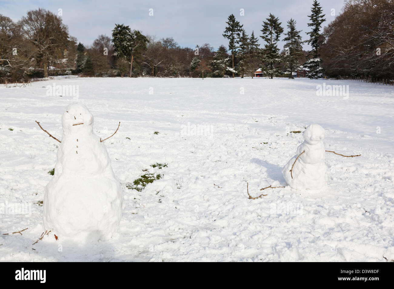 Two snowmen in a field of snow Stock Photo - Alamy