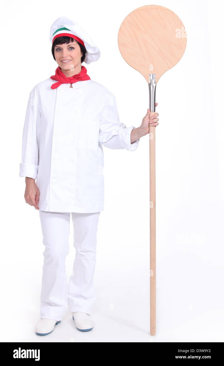Woman pizza maker on white background Stock Photo - Alamy