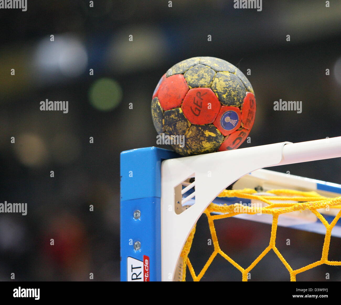 The ball lies on the crossbar of the goal during the Handball World ...