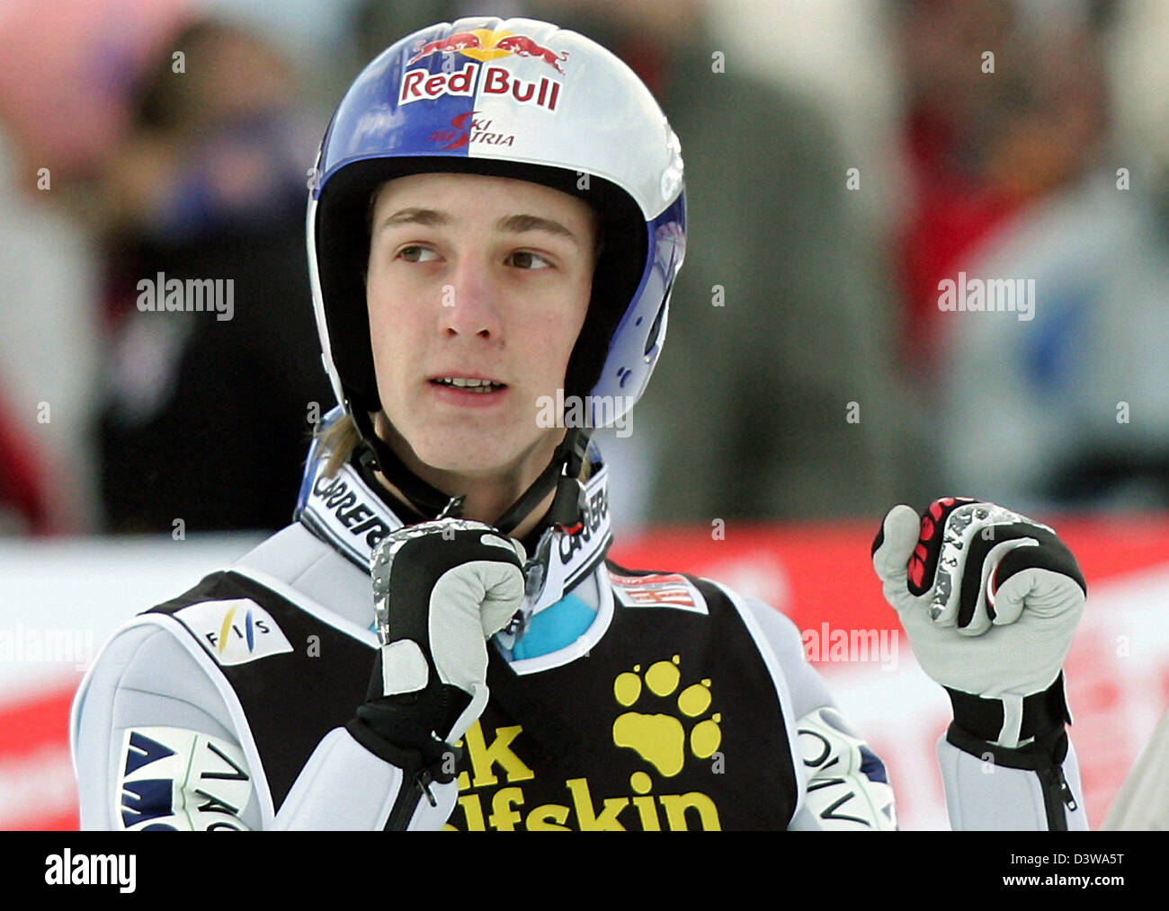 Austrian ski jumper Michael Neumayer celebrates his second attempt ...