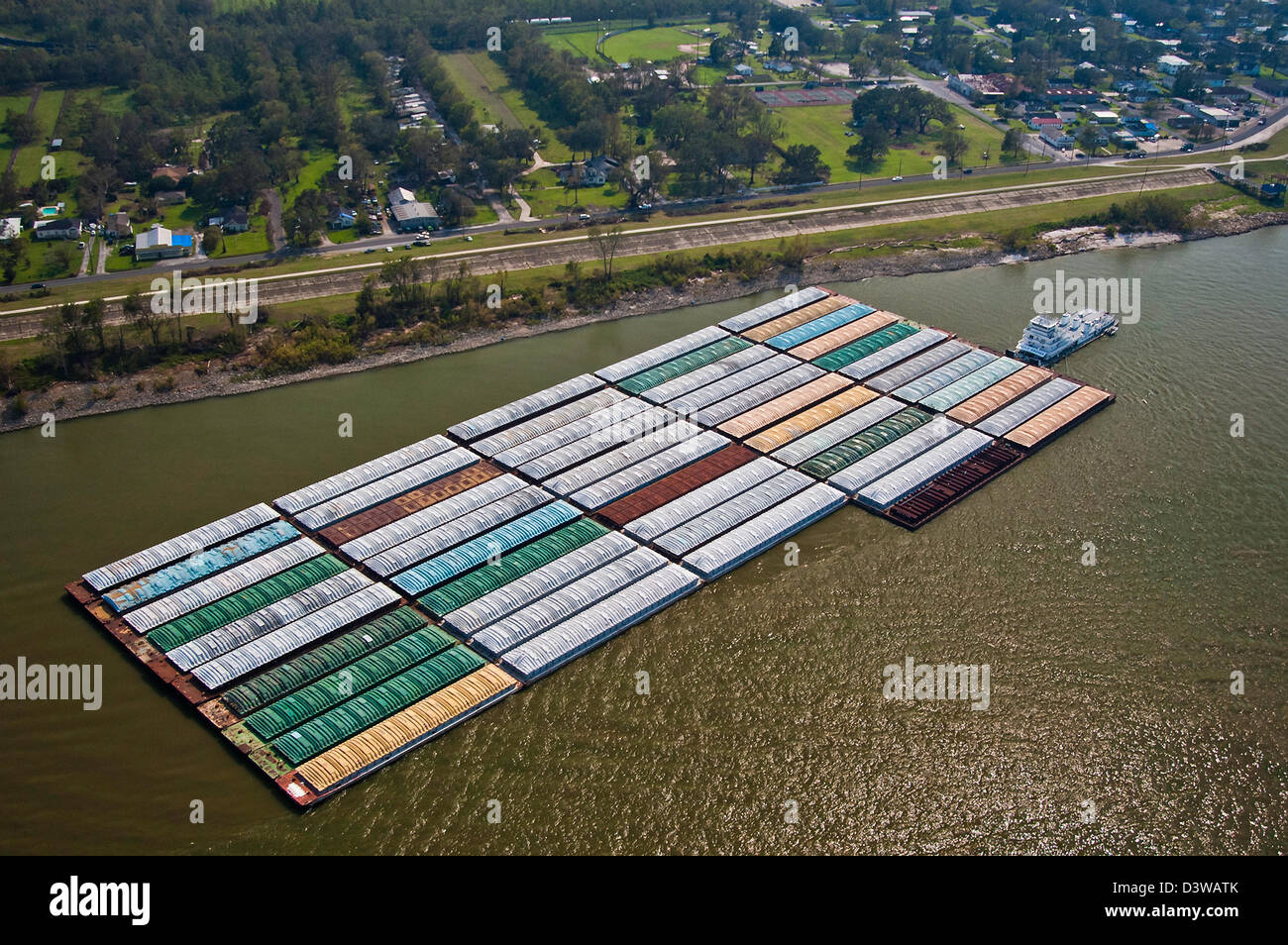 Aerial view of barge and ship traffic transporting cargo on the ...