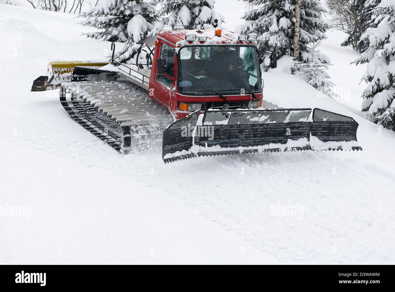 Snow groomer on mountain, winter season, heavy snow Stock Photo - Alamy