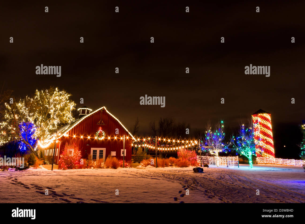 Historic farm decorated with Christmas lights Stock Photo - Alamy
