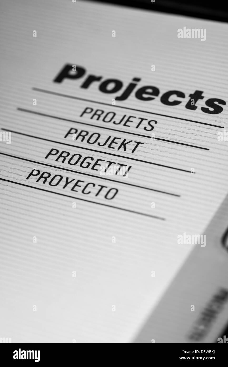 The word projects in different languages closeup in organizer Stock ...