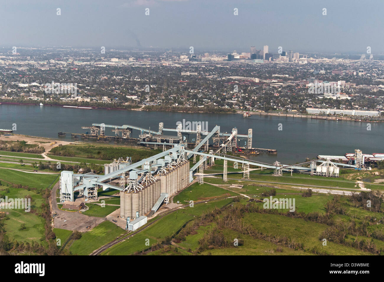Aerial view of barge and ship traffic transporting cargo on the ...