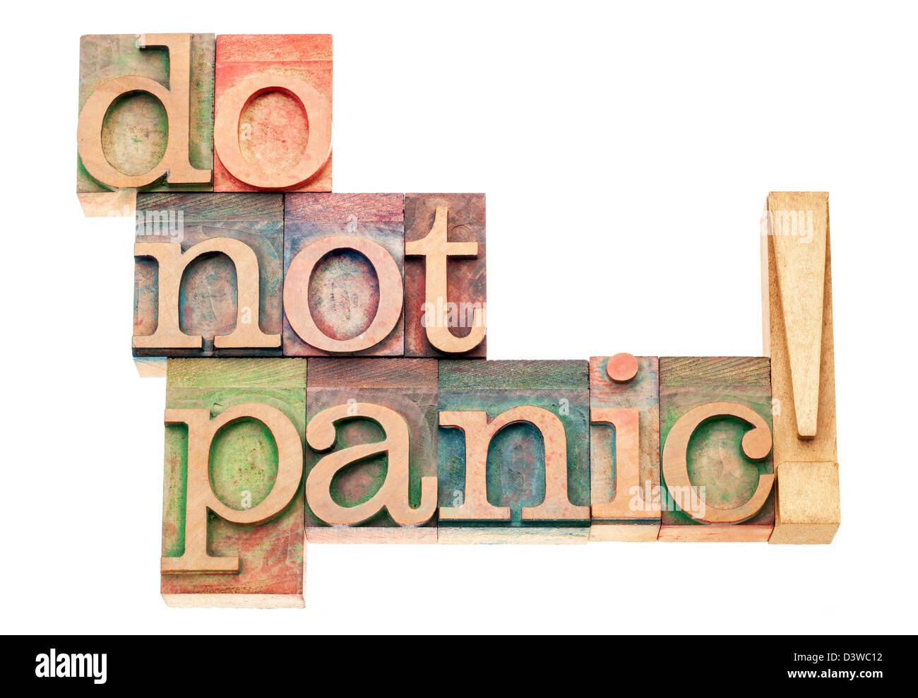 do not panic warning - isolated text in vintage letterpress wood type ...