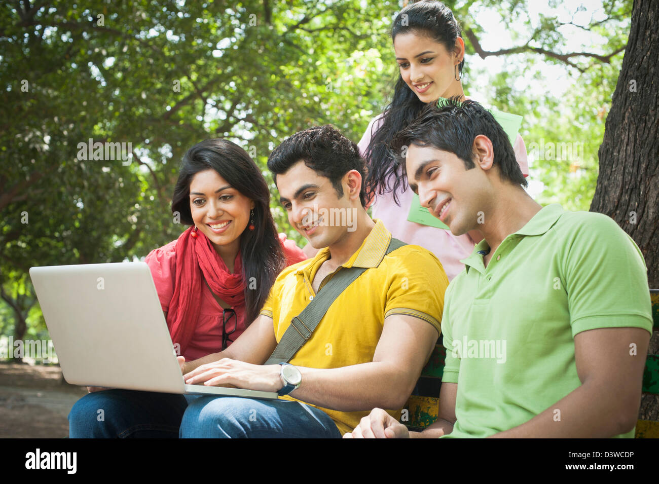 Friends using a laptop in a park, Lodi Gardens, New Delhi, Delhi, India ...
