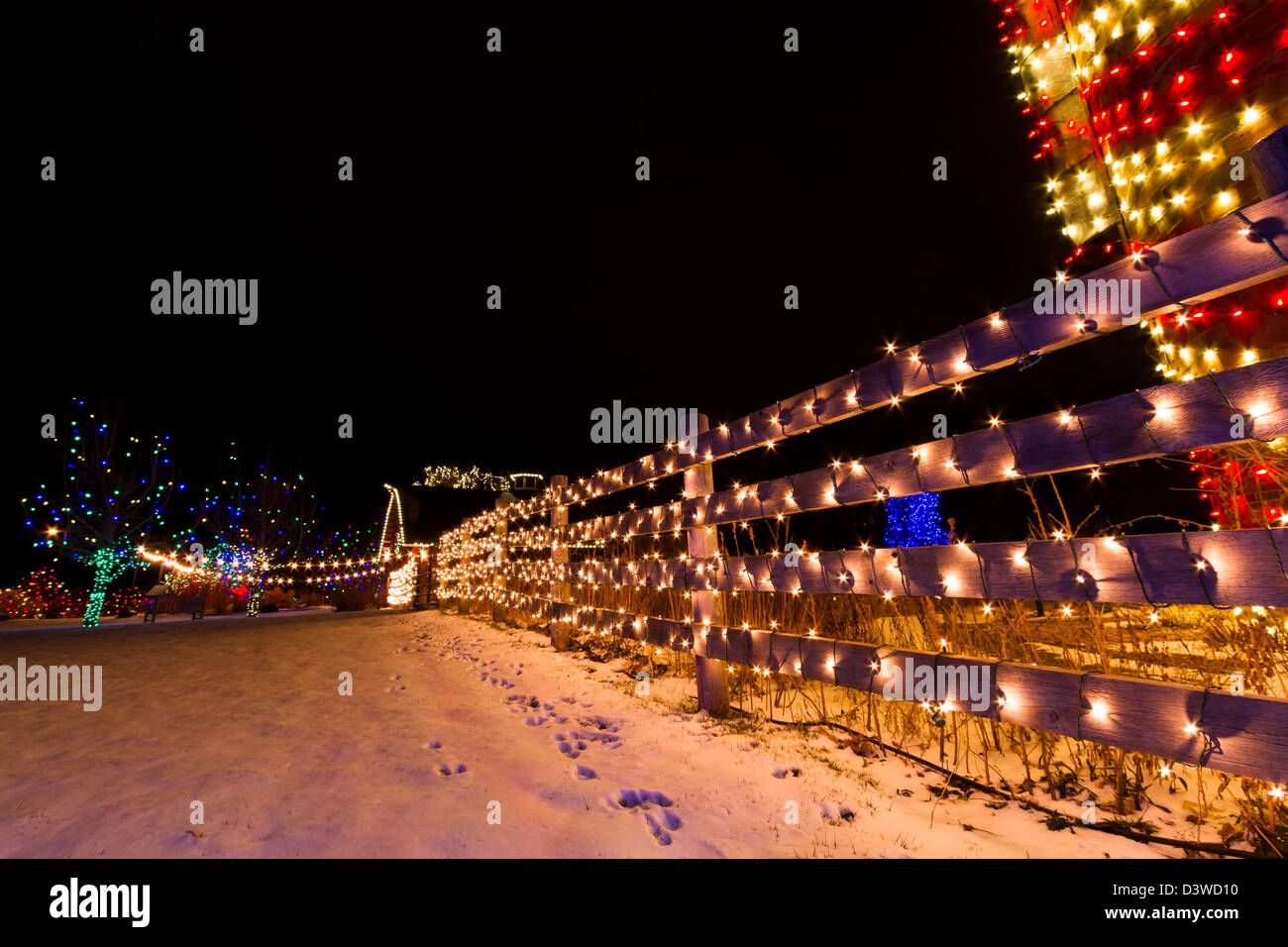 Historic farm decorated with Christmas lights Stock Photo - Alamy