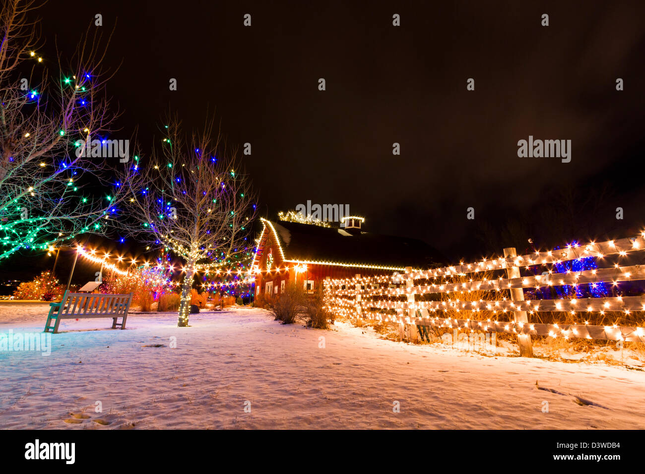 Historic farm decorated with Christmas lights Stock Photo - Alamy