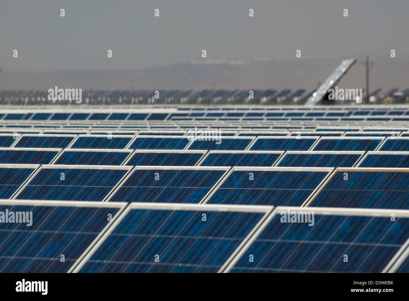 A series of large solar panels forms a symmetrical line at a power ...