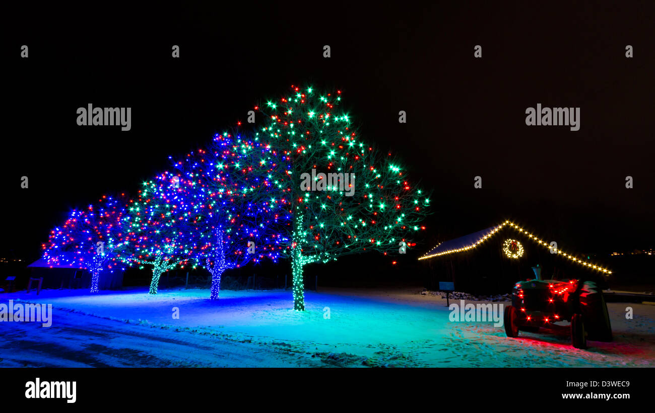 Historic farm decorated with Christmas lights Stock Photo - Alamy