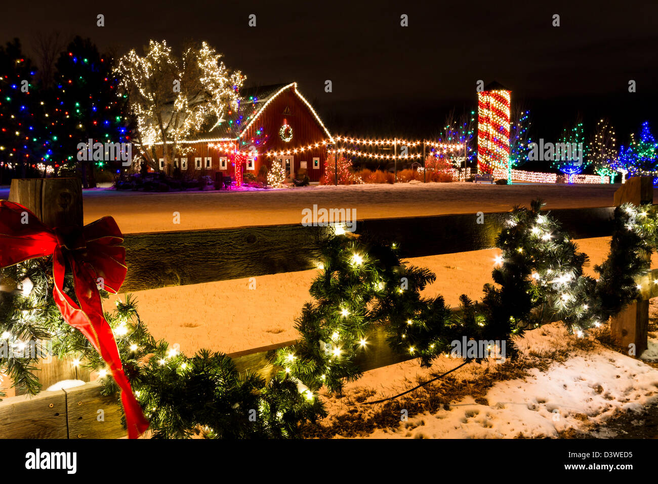 Historic farm decorated with Christmas lights Stock Photo - Alamy