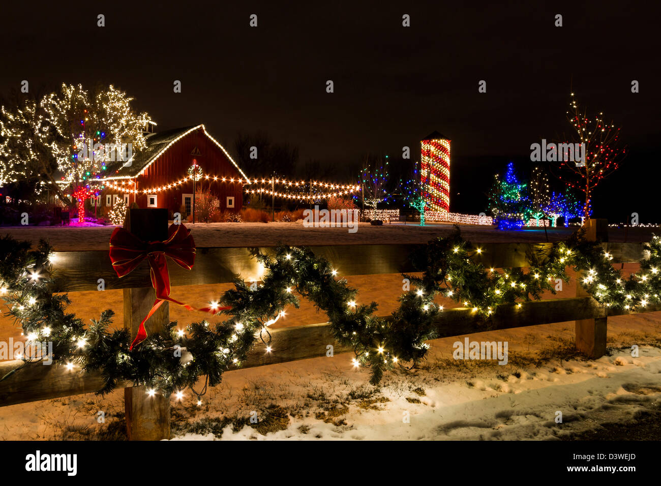 Historic farm decorated with Christmas lights Stock Photo - Alamy