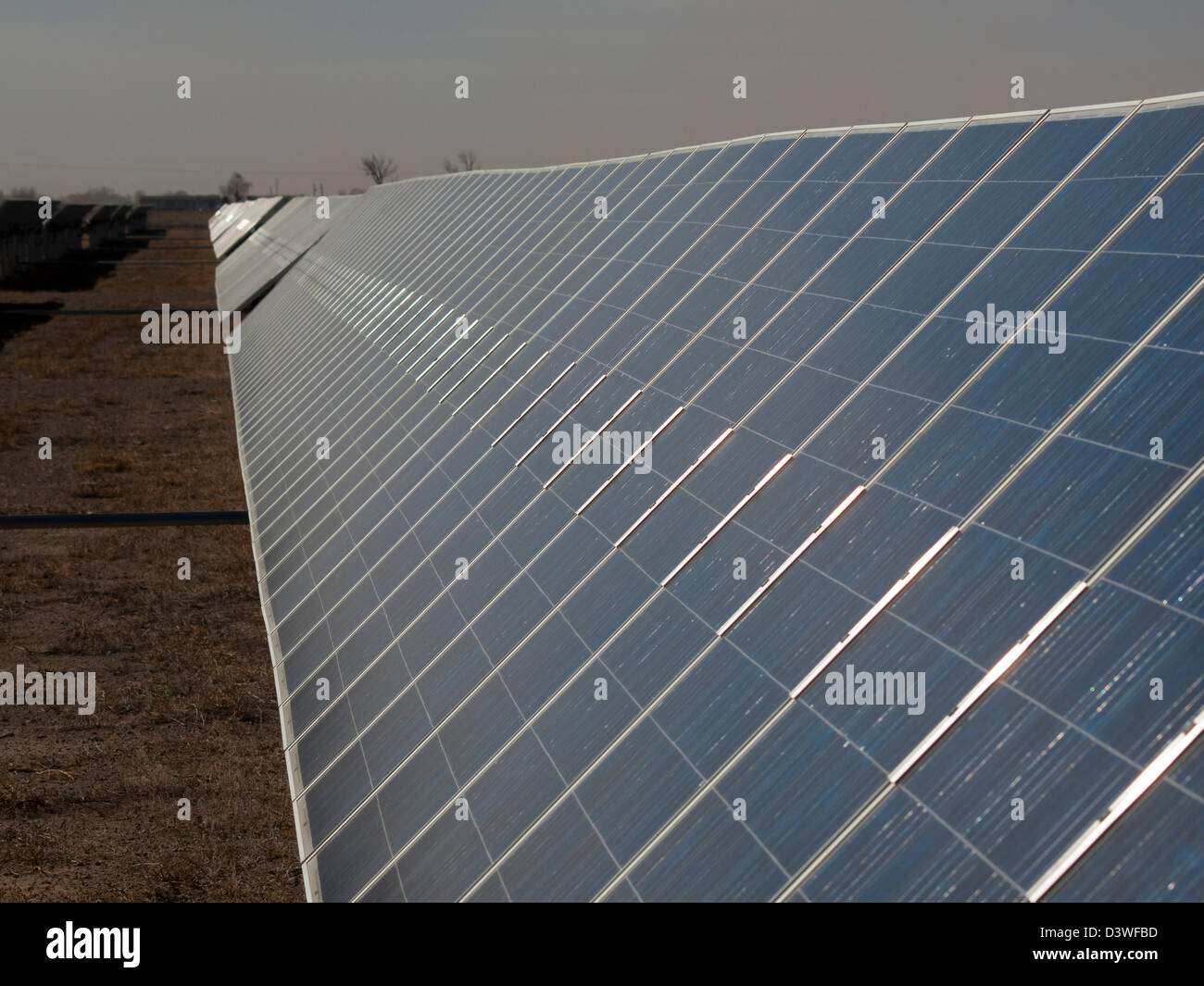 A series of large solar panels forms a symmetrical line at a power ...