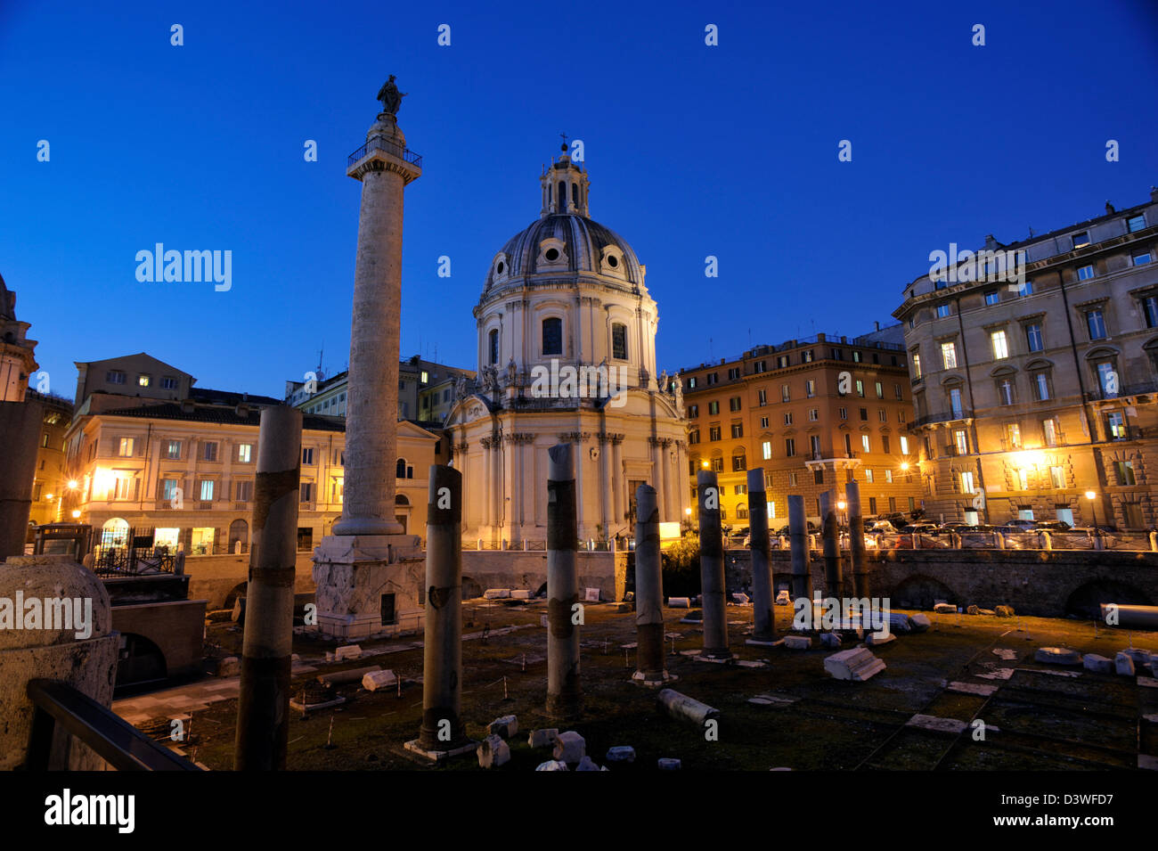 Italy, Rome, Trajan's Forum, Basilica Ulpia and Trajan column at dusk ...