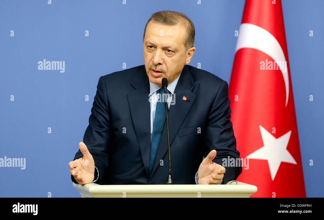 Prime Minister of Turkey Recep Tayyip Erdogan talks during a joint ...
