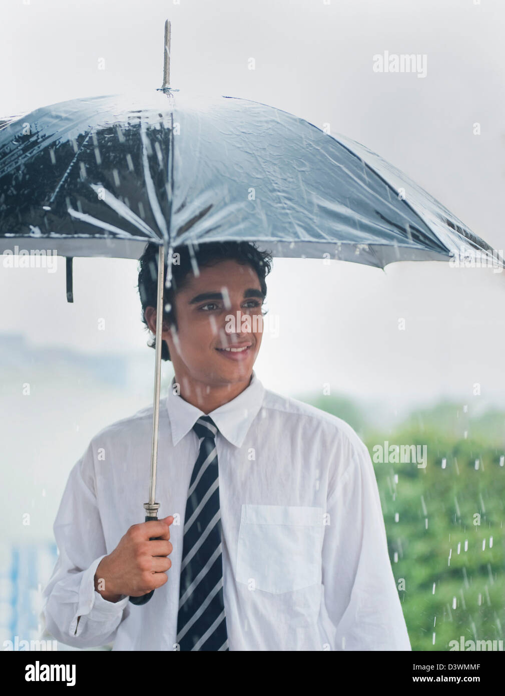 Businessman sheltering under umbrella in rain Stock Photo - Alamy