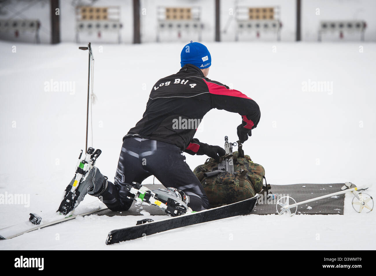 A German soldiers from the Logistics Battalion in Roding lies at the ...