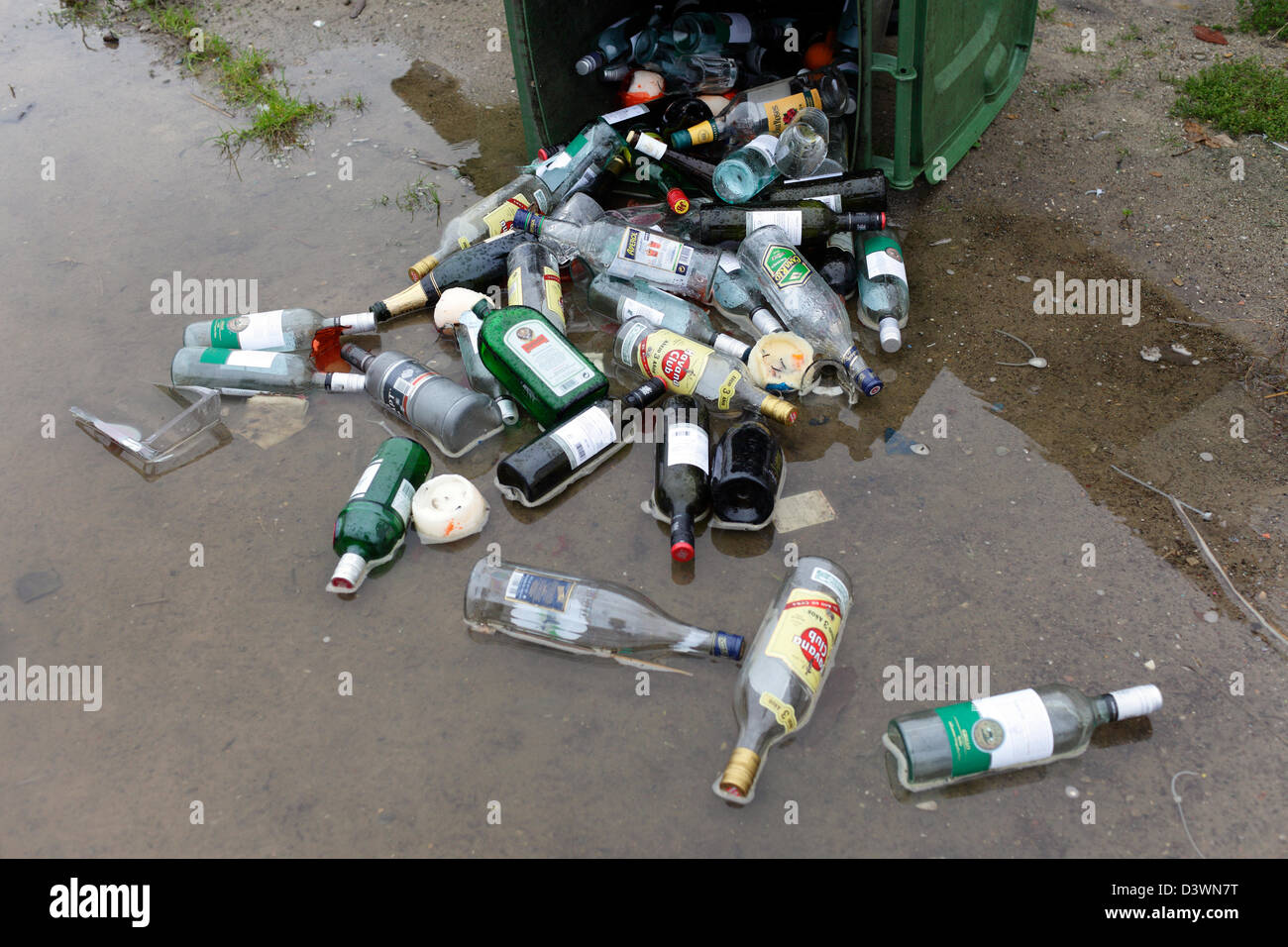 Berlin, Germany, overturned garbage bin for waste glass with a variety ...