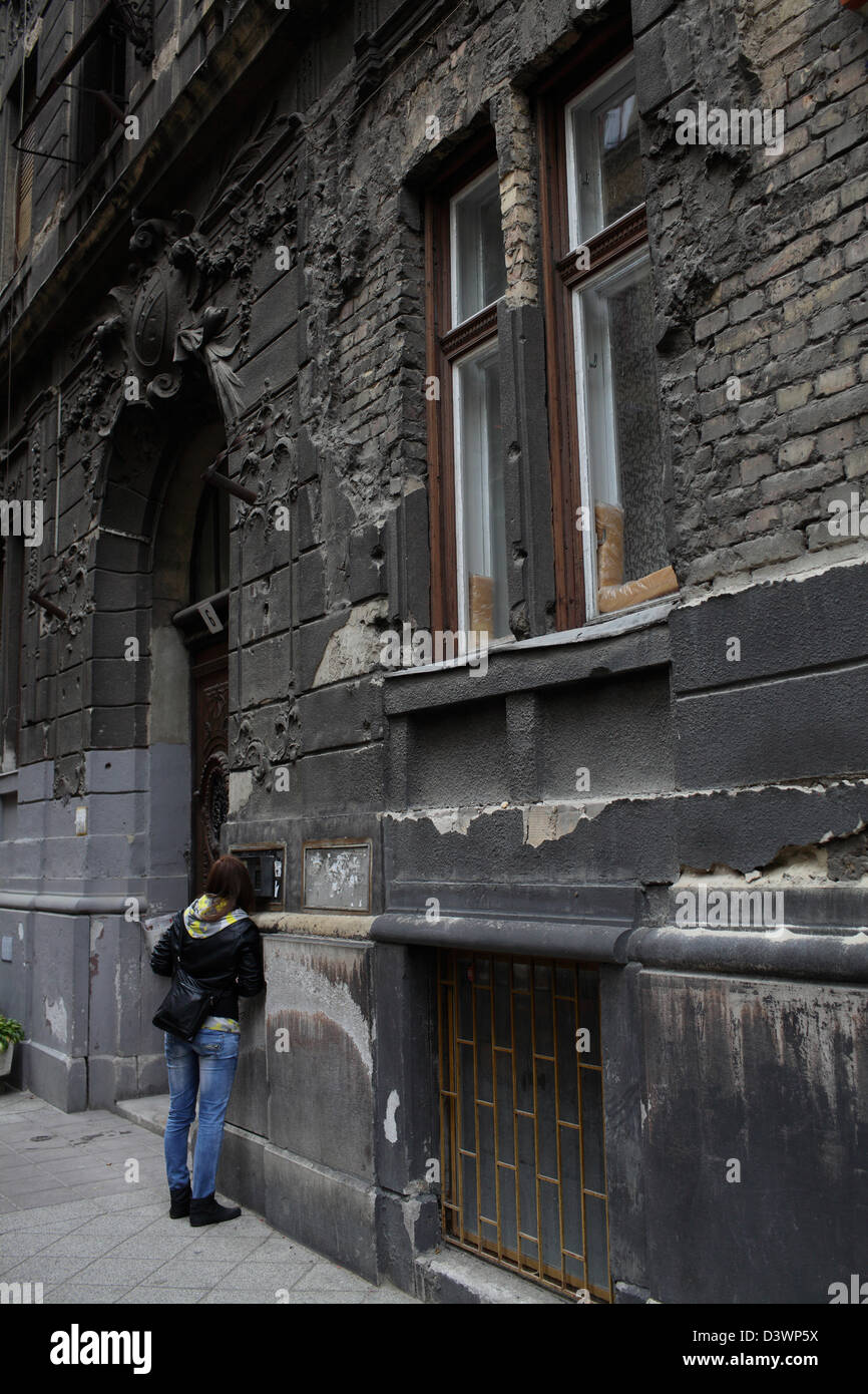Budapest, Hungary, ramshackle old building facade in the district ...